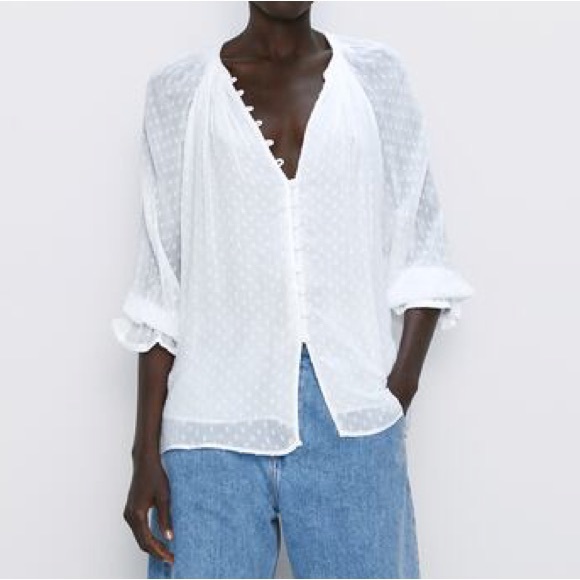 Zara | Tops | Zara White Buttonup Dotted Mesh Top | Poshmark